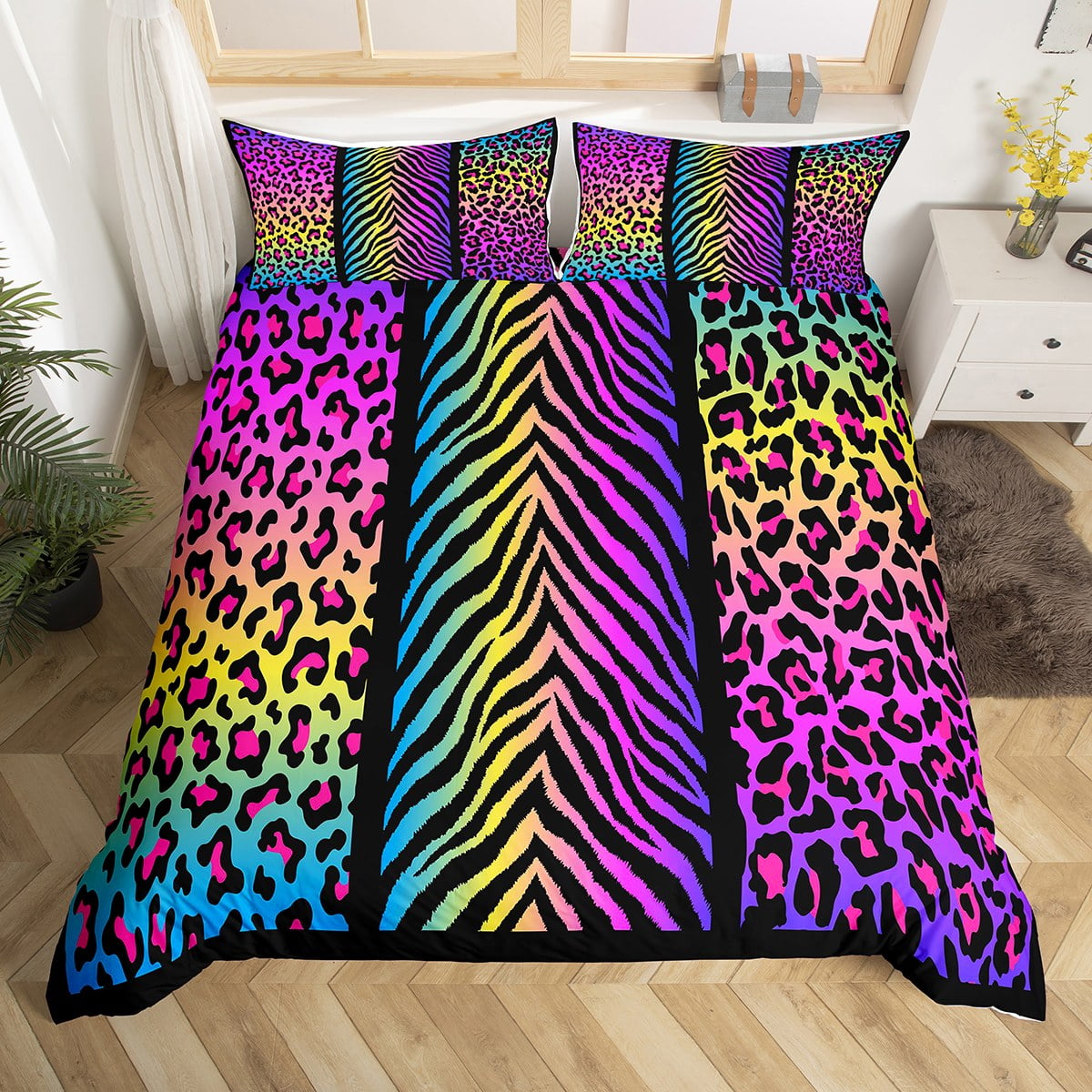 Rainbow Cheetah Duvet Cover King Size Neon Leopard Zebra Print Bedding ...