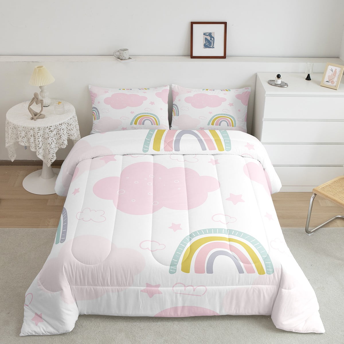 Rainbow Clouds King Bedding, Kawaii Cloud Comforter Set 3 Pieces Pink ...