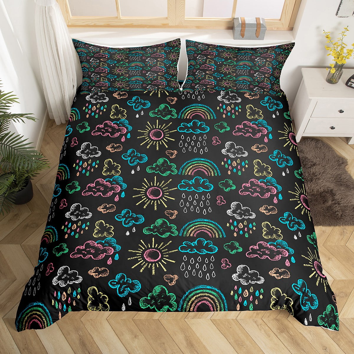 YST Rainbow Comforter Cover Full,Kids Chalk Sketch Sun Bedding Sets For ...