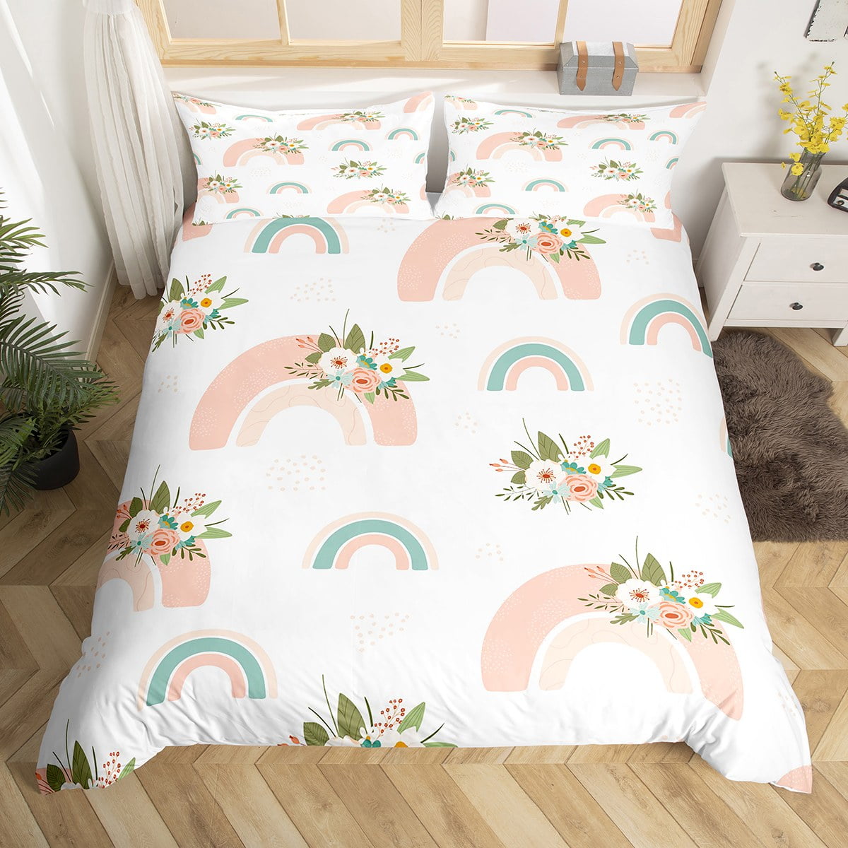 Erosebridal Rainbow Comforter Cover Boho Bedding Set Floral Rainbow ...