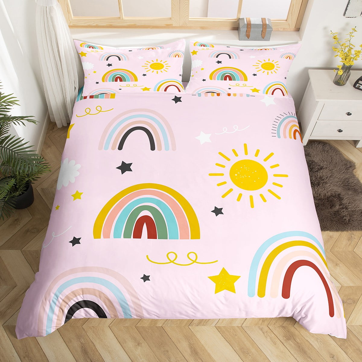 YST Rainbow Comforter Cover For Kids Room, Cartoon Sun Stars Bedding ...