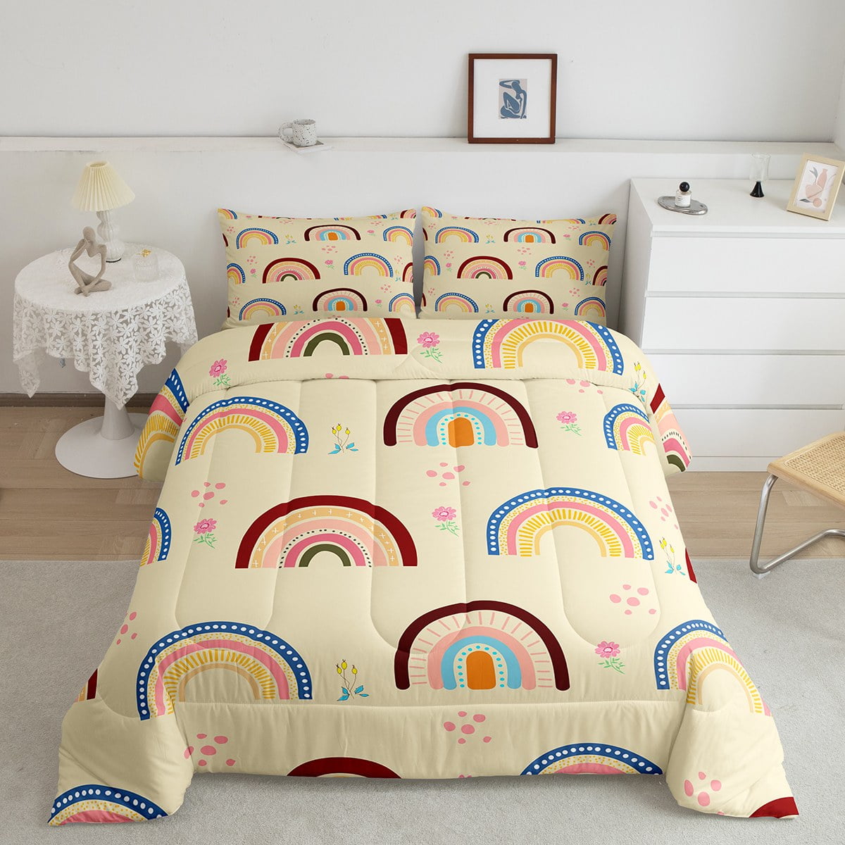 YST Rainbow Comforter Set For Girls, Boho Chic Floral Bedding Comforter ...