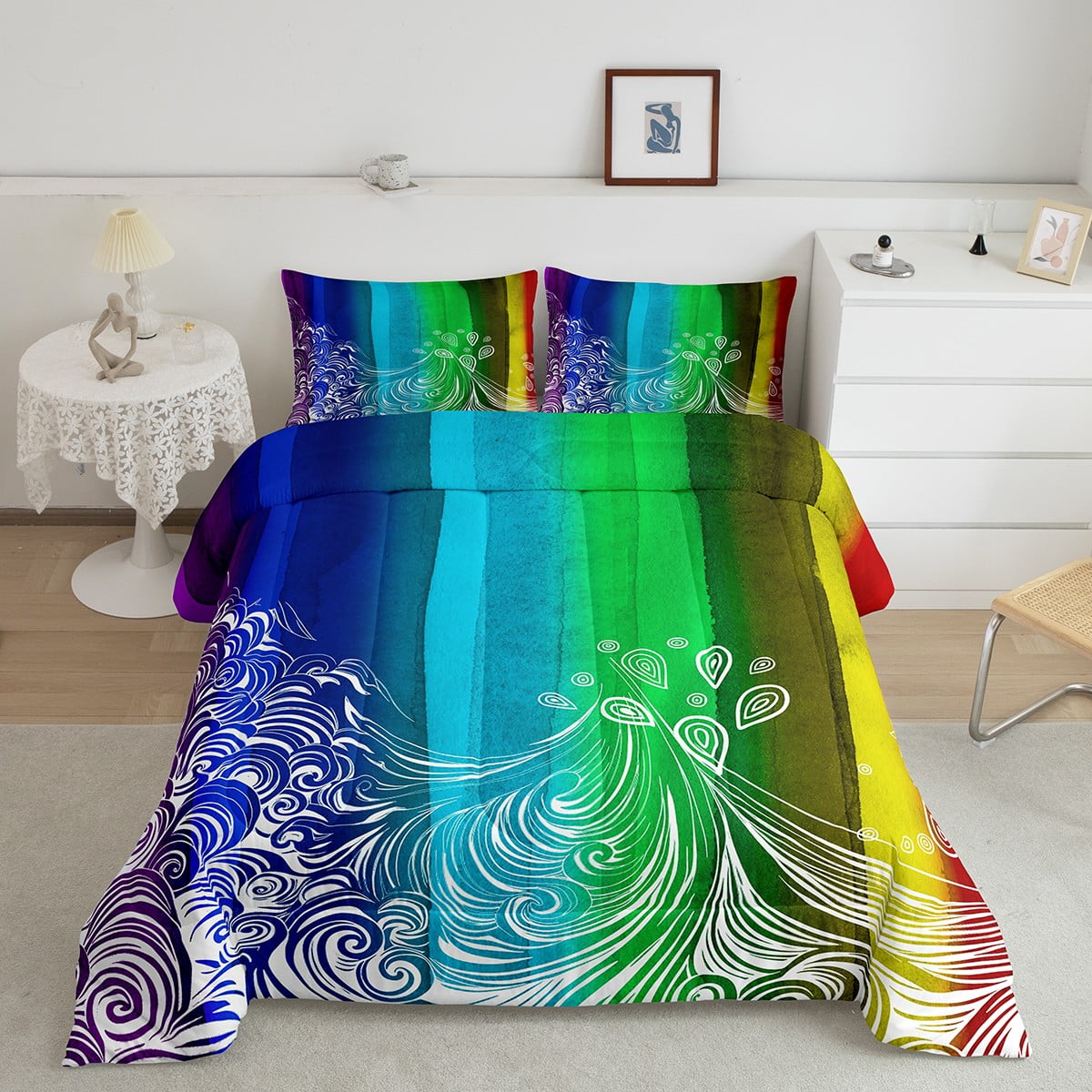 Erosebridal Rainbow Comforter Set Tie Dye Bedding Ocean Waves Simple ...