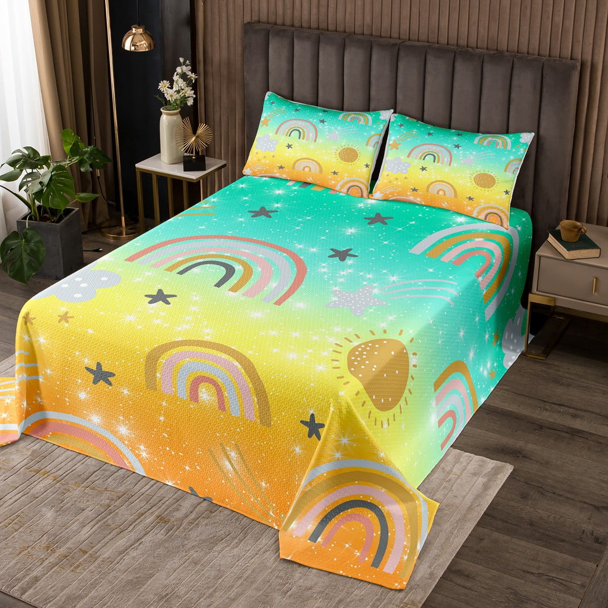 YST Rainbow Coverlet Set Twin Size, Kids Ombre Glitter Bedspread Set ...