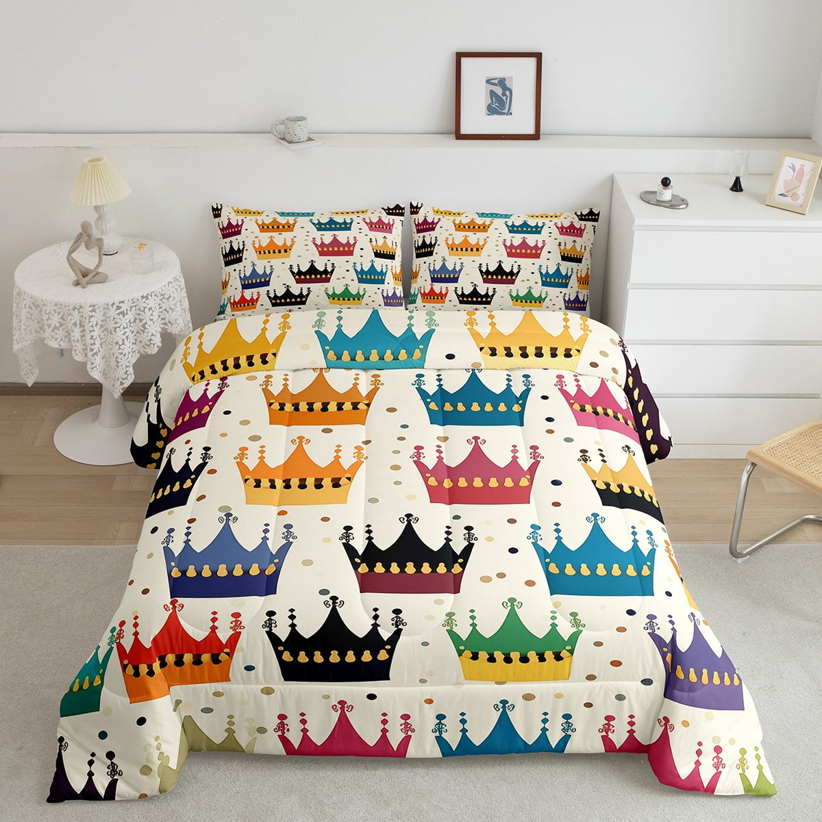 Rainbow Crown Print Full Comforter Set Prince Princess Bedding ...