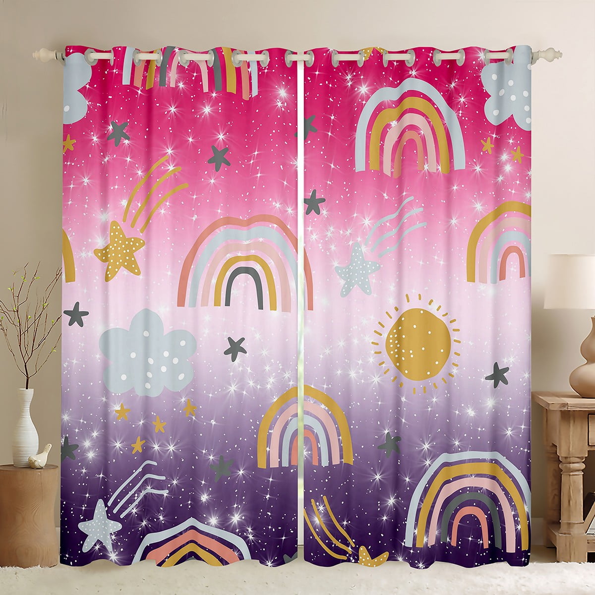 Rainbow Curtains & Drapes , Cartoon Sun Stars Cloud 30%-50% Blackout ...