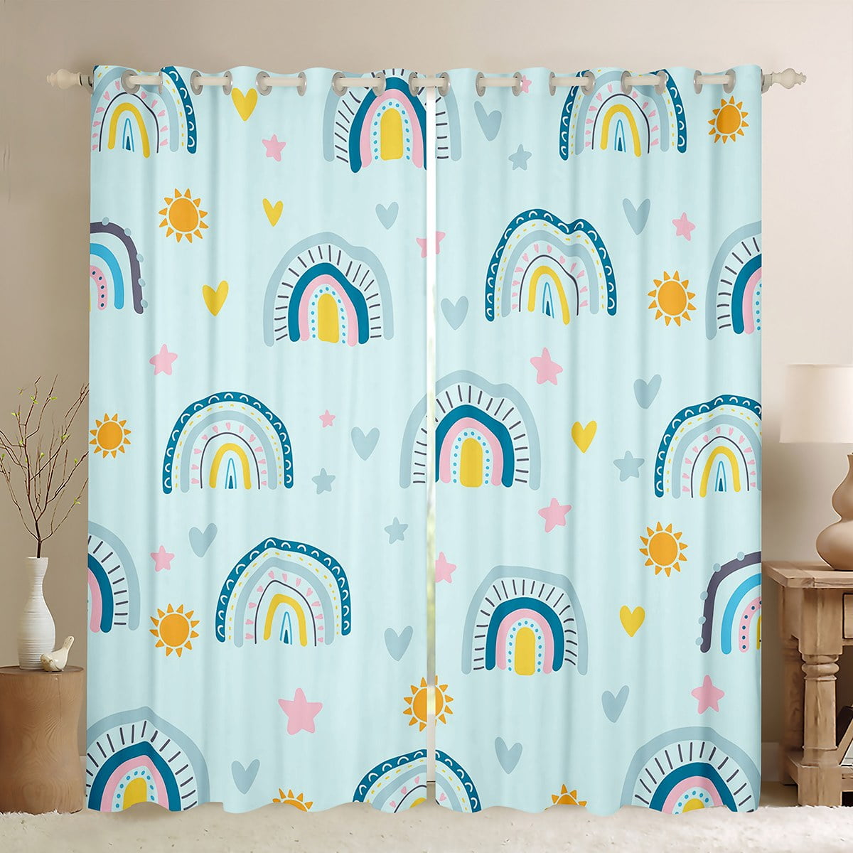 YST Rainbow Curtains For Girls, Cartoon Sun And Stars Curtains & Drapes ...