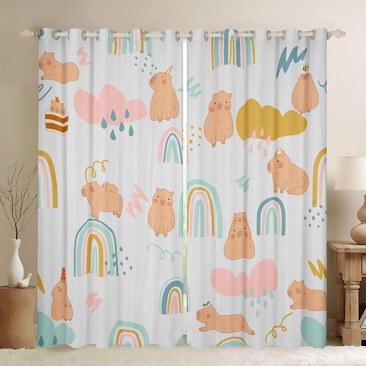 YST Rainbow Curtains For Girls, Kawaii Capybara Blackout Curtains ...