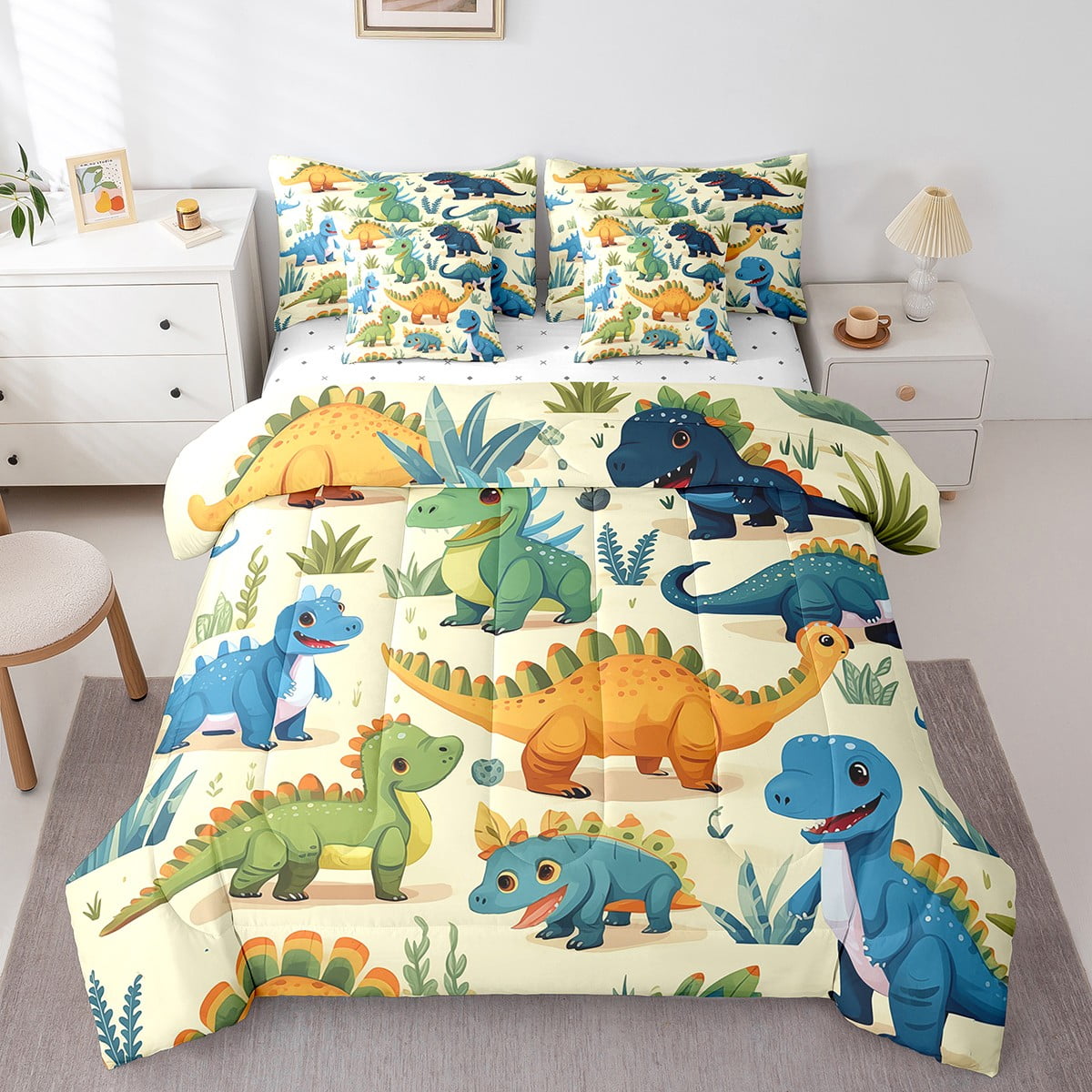 Rainbow Dinosaur Twin Comforter Set 7-Piece Cute Dino Printed Bedding Set,Jungle Wild Animal Bed ...