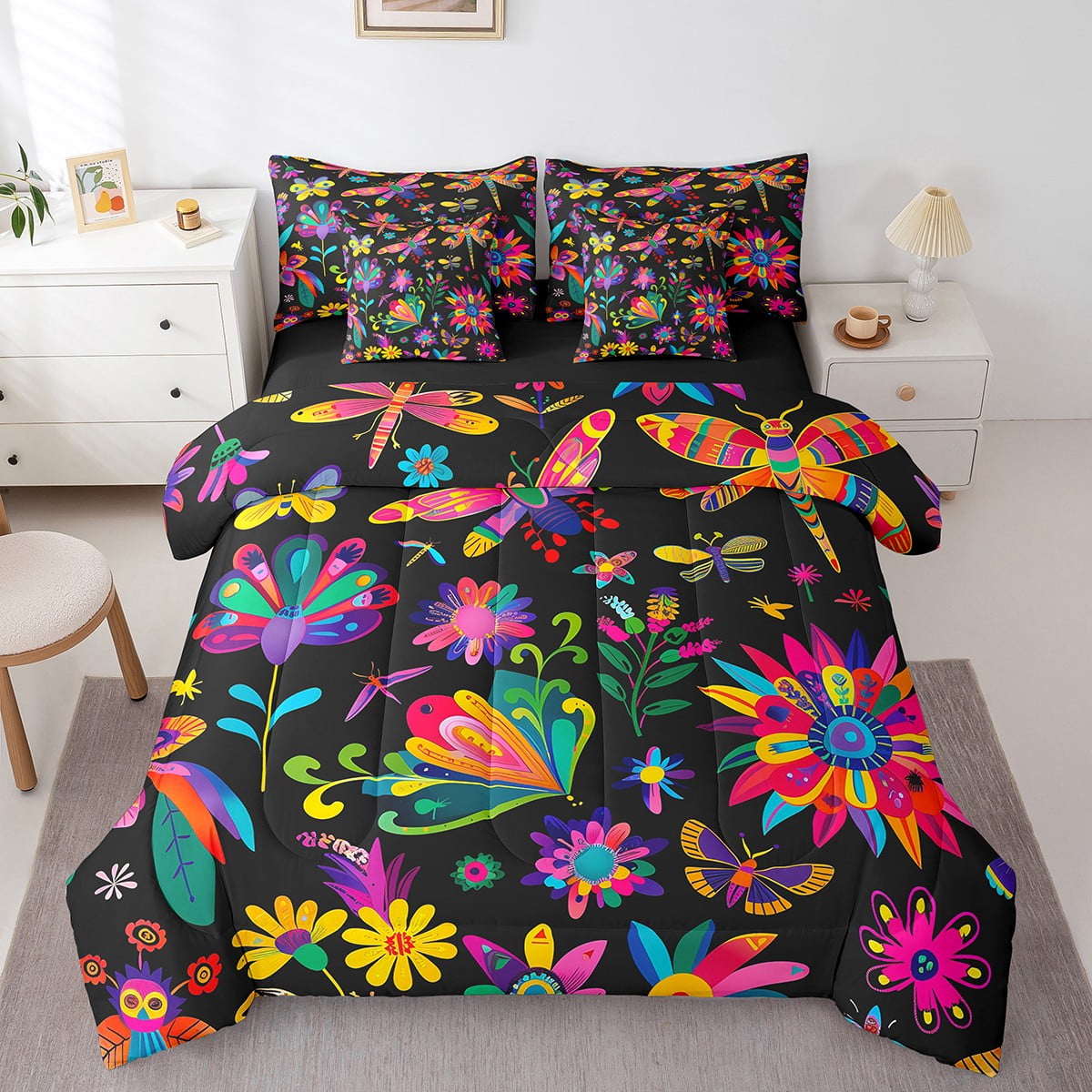 Erosebridal Rainbow Dragonfly Queen Comforter Set 7 Piece Colorful ...