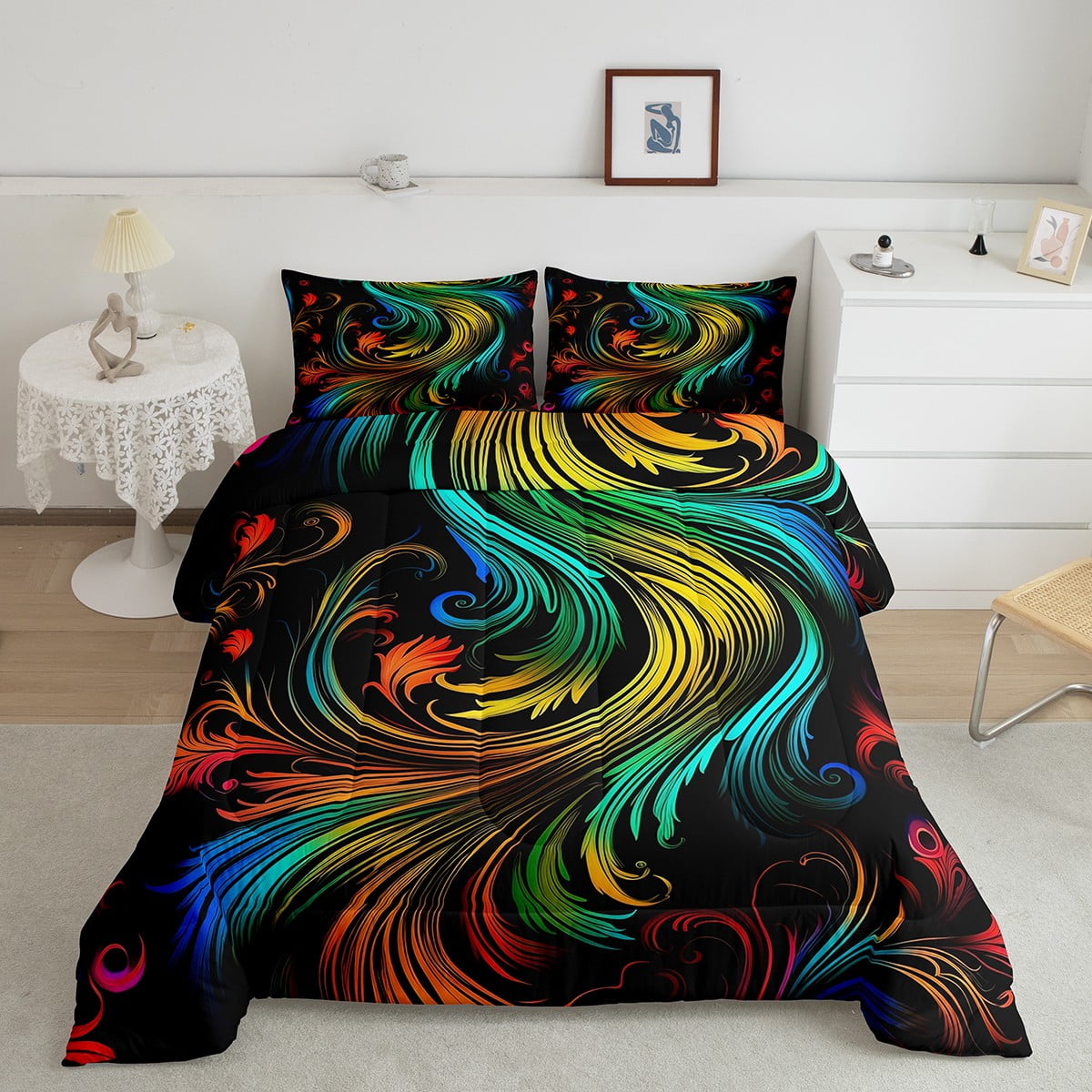 Rainbow Feather King Size Comforter Set Aesthetic Gradient Lines ...