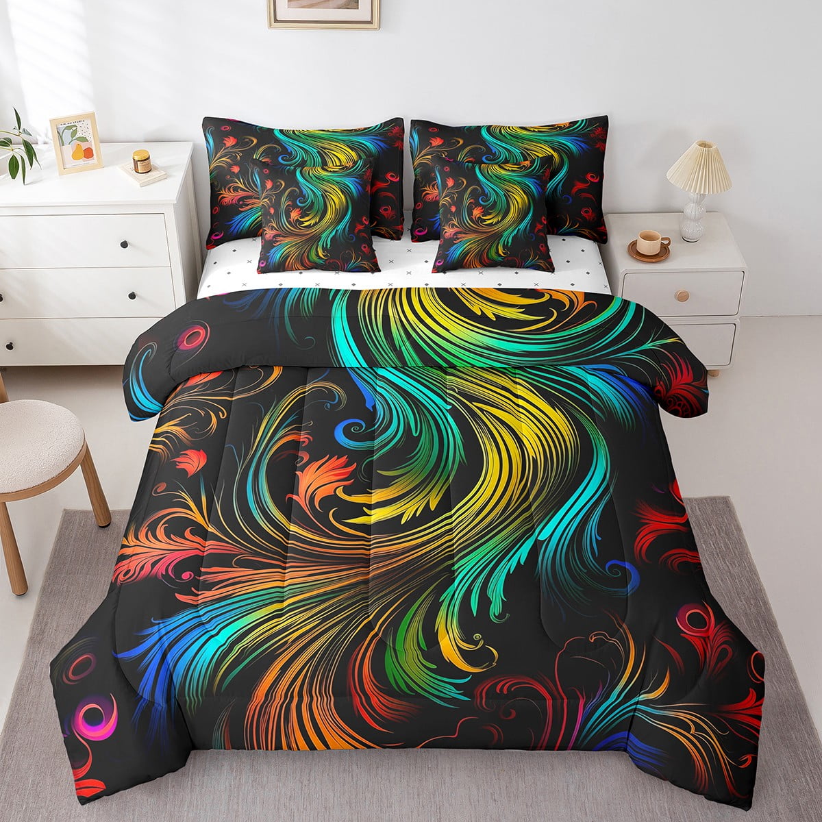 YST Rainbow Feather Queen Size Comforter Set 7pcs Set Aesthetic ...