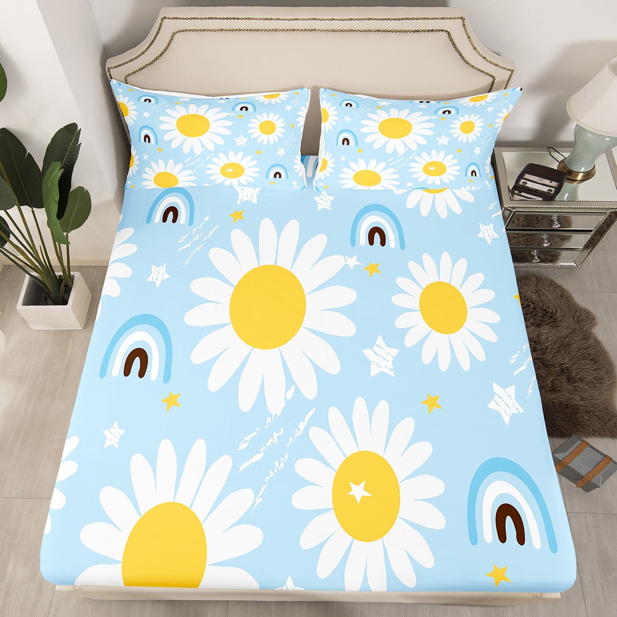 Erosebridal Rainbow Fitted Sheet Daisy Flowers Twin Bed Sheets,Romantic ...