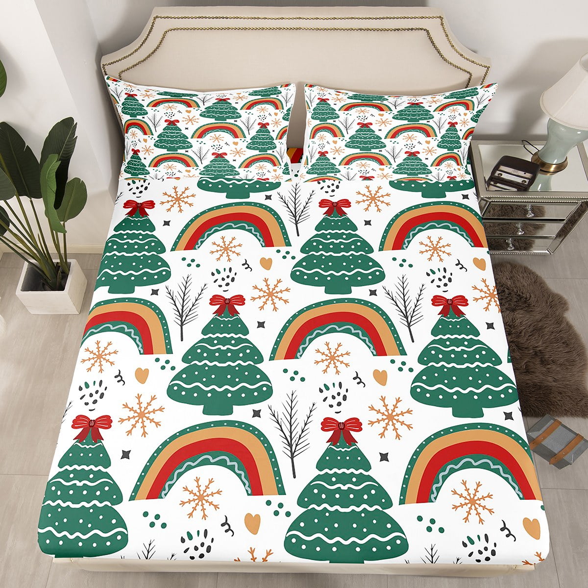 YST Rainbow Fitted Sheet Full Size,Snowflake Christmas Tree Bedding Set ...