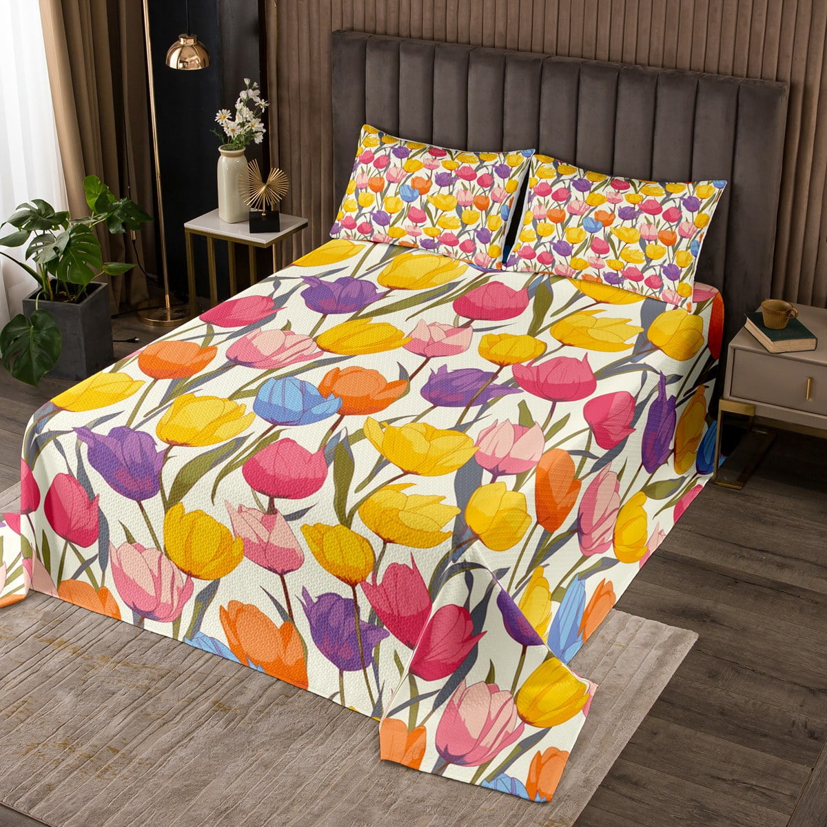 YST Rainbow Flower Coverlet Set Colorful Floral Bedspread Queen Size ...