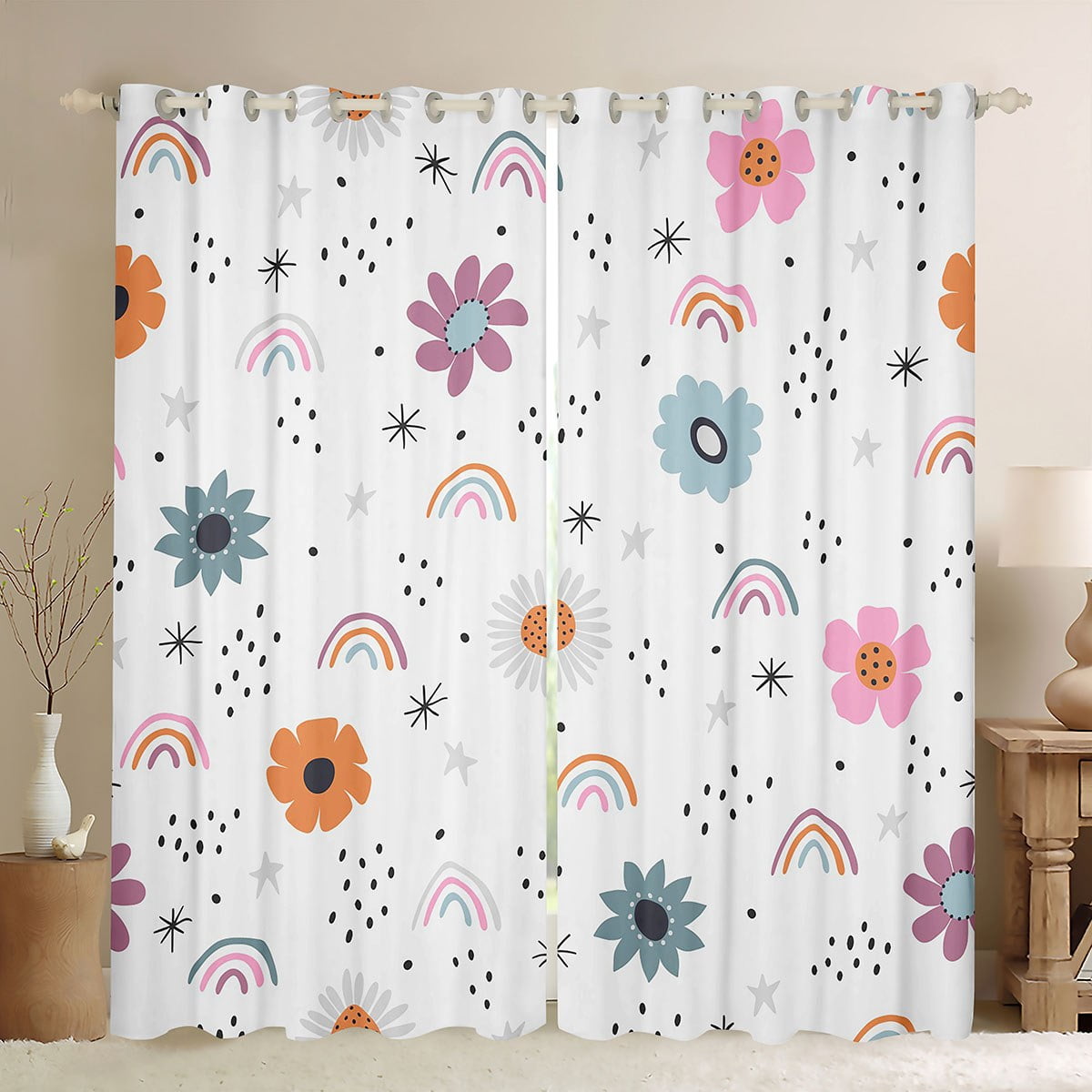 YST Rainbow Flowers Curtains for Girls Kids Nursery Cute Colorful Boho ...