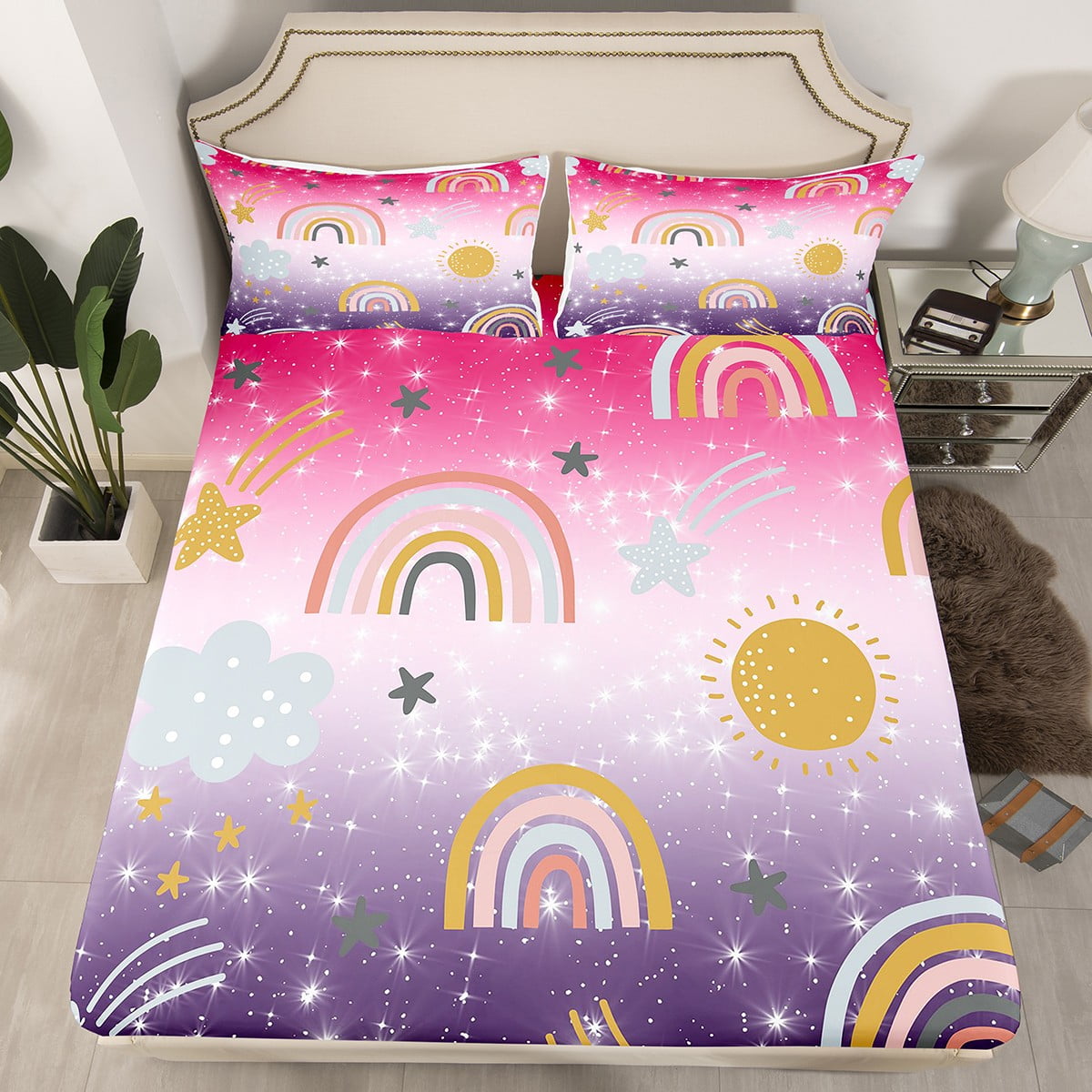 Rainbow Full Bed Sheets , Cartoon Sun Stars Cloud Fitted Sheet Pink ...