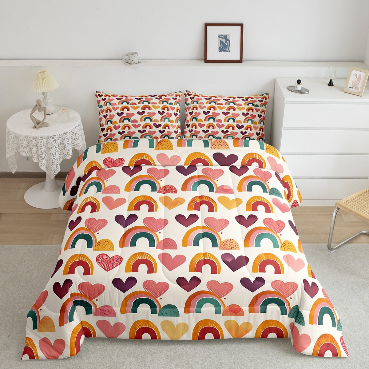 YST Rainbow Full Comforter Set For Girls, Pink Love Heart Quilt Cartoon ...