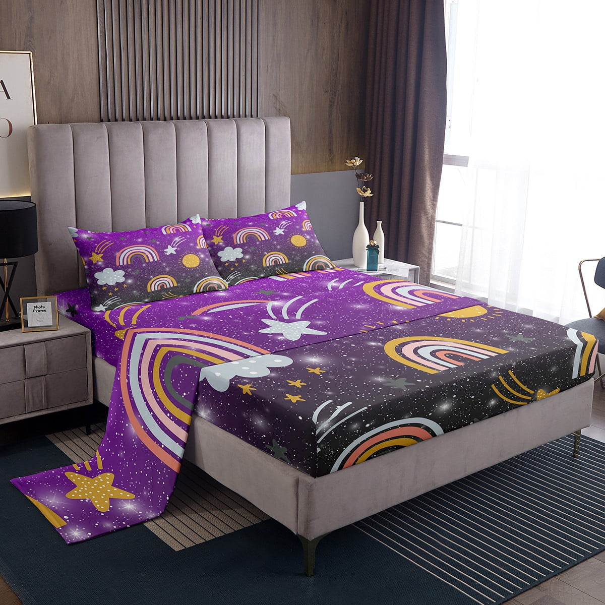 YST Rainbow Full Fitted Sheet, Glitter Galaxy Bed Sheets Tie Dye Pastel ...