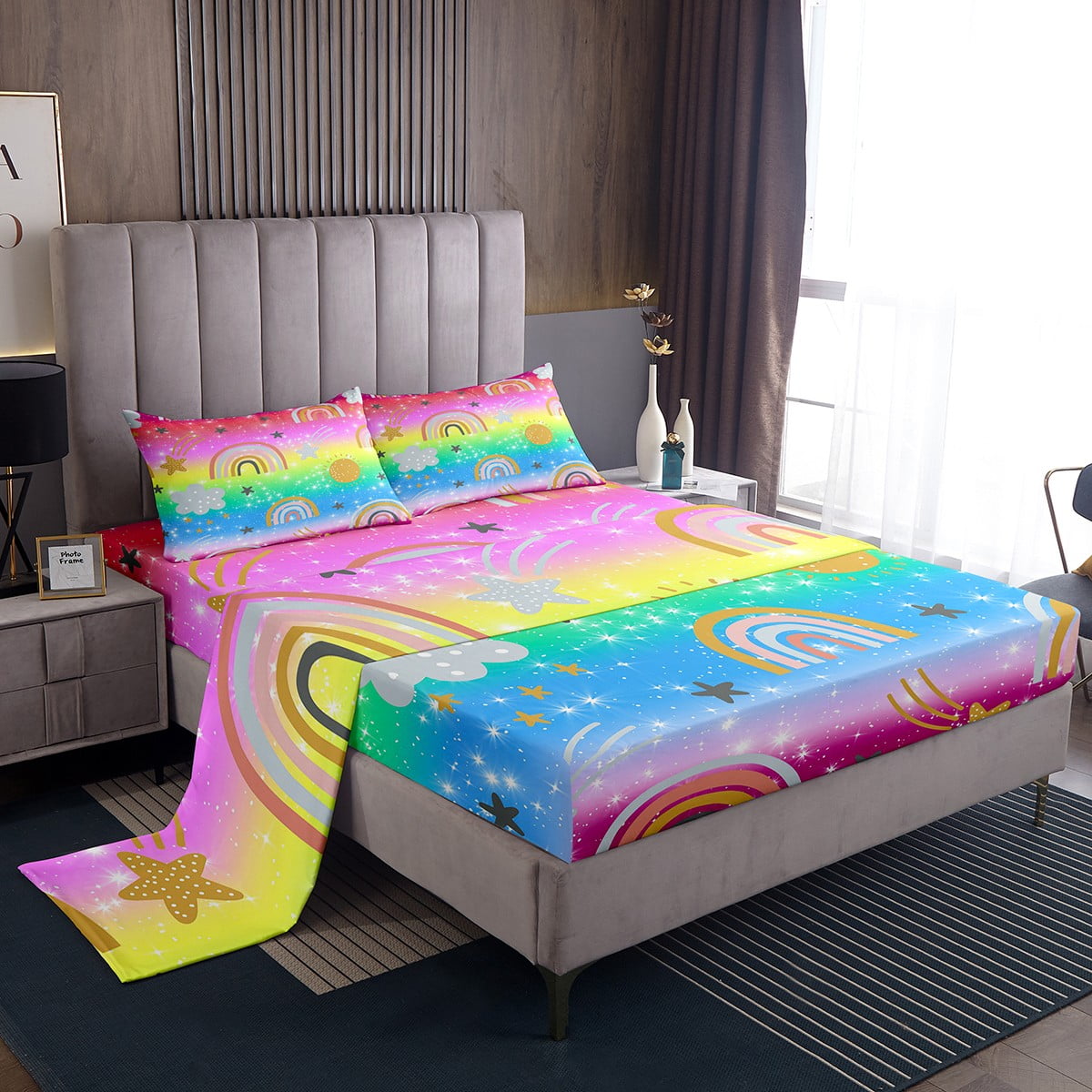 Erosebridal Rainbow Glitter Bed Sheets, Iridescent Sun Cloud Stars ...