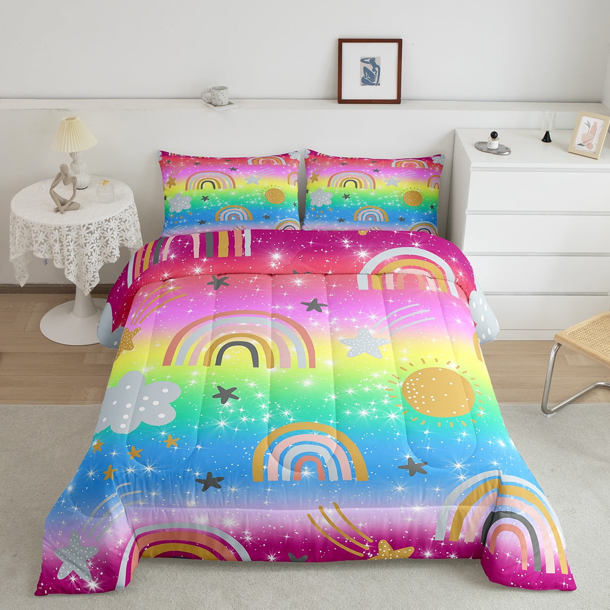 Erosebridal Rainbow Glitter Bedding Sets, Iridescent Sun Cloud Stars ...