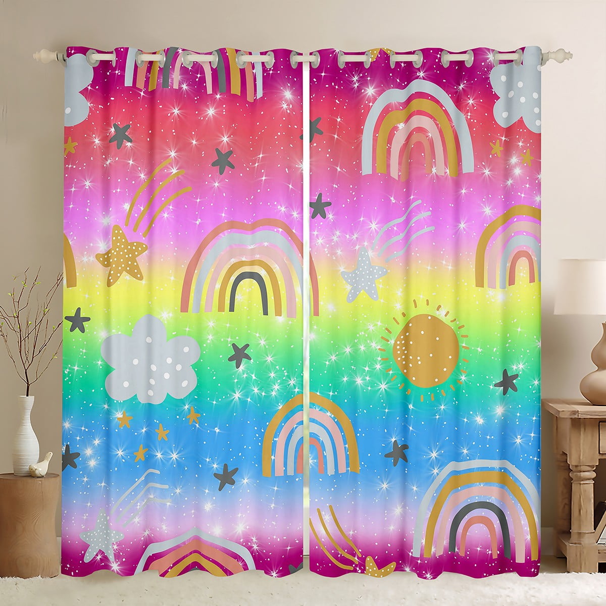 YST Rainbow Glitter Blackout Curtains For Girls, Sun Cloud Stars Curtains Rainbow Gifts For Kids ...