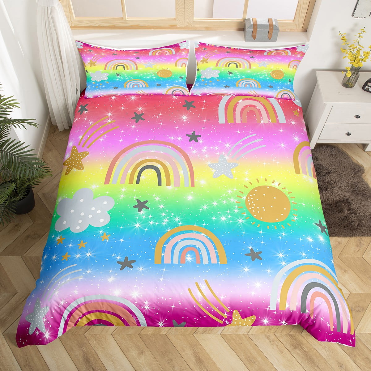 YST Rainbow Glitter Duvet Cover For Girls, Iridescent Sun Cloud Stars ...