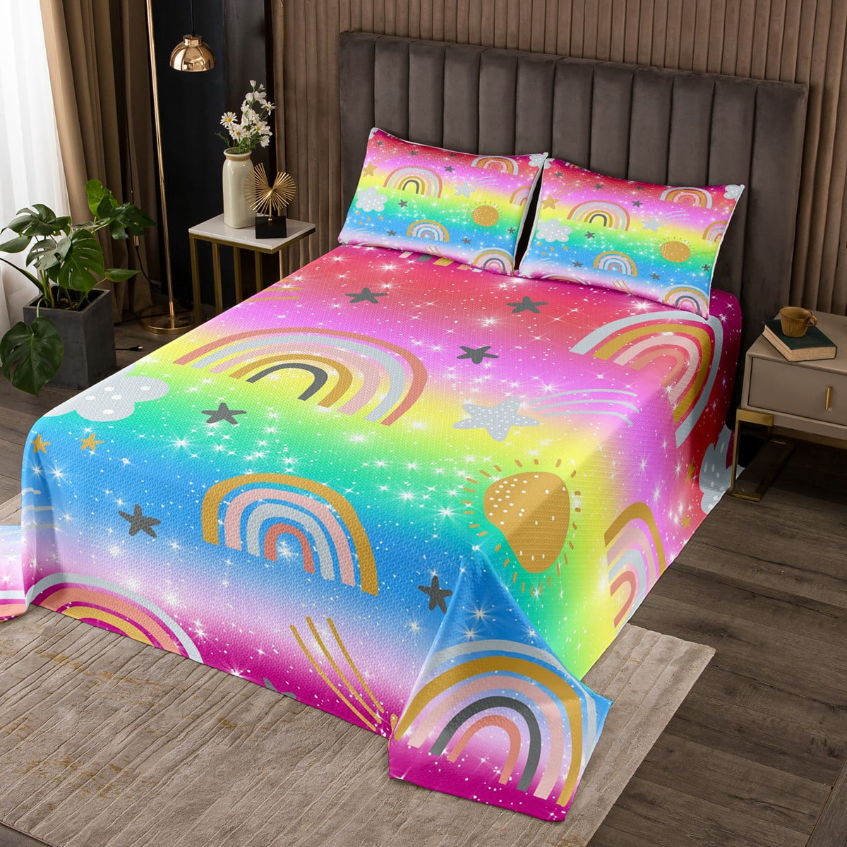 YST Rainbow Glitter Quilt Set For Girls, Iridescent Sun Cloud Stars ...