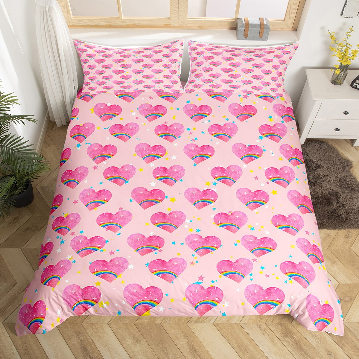 YST Rainbow Hearts Comforter Cover King Girls Kawaii Pink Heart Bedding ...