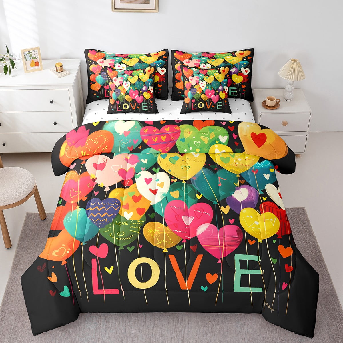 YST Rainbow Love Girls Comforter Set King 7 Piece,Colorful Love Hearts ...