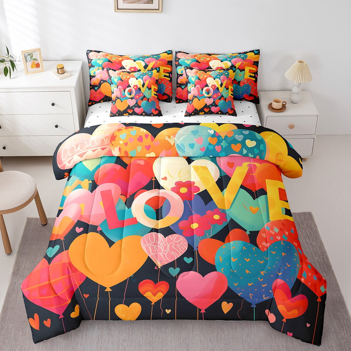 Rainbow Love Heart Bedding Set 7 Pieces Colorful Balloon Comforter Set ...