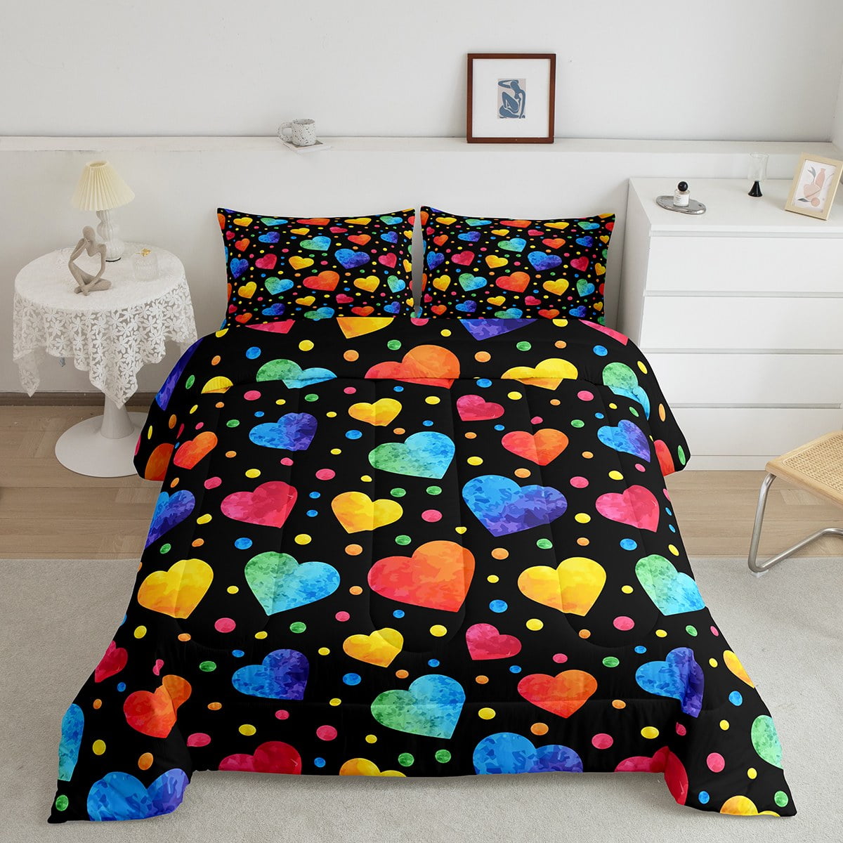 Rainbow Love Heart Comforter Full Colorful Tie Dye Bedding Set, Cute ...