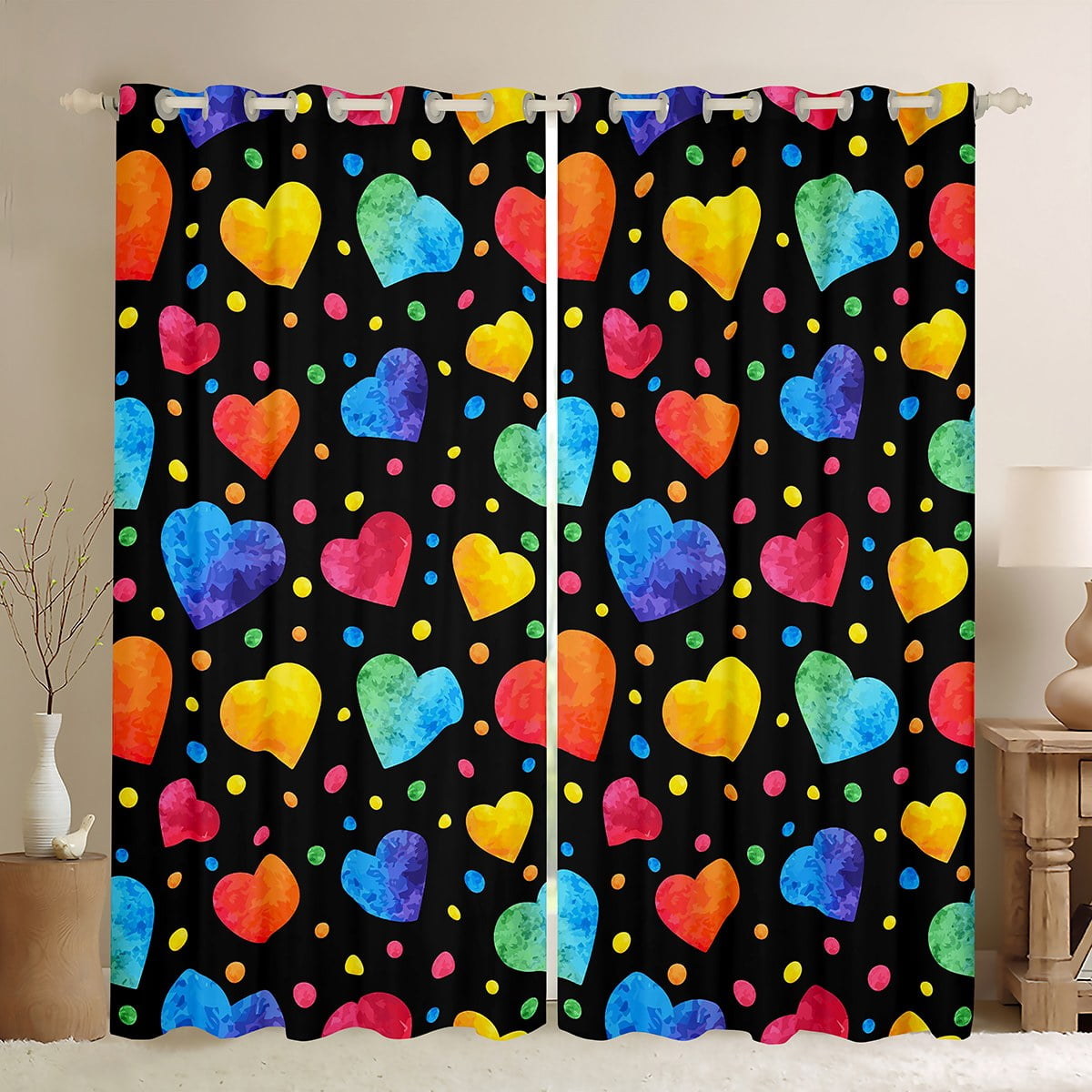 Erosebridal Rainbow Love Heart Curtains Colorful Tie Dye Curtains ...