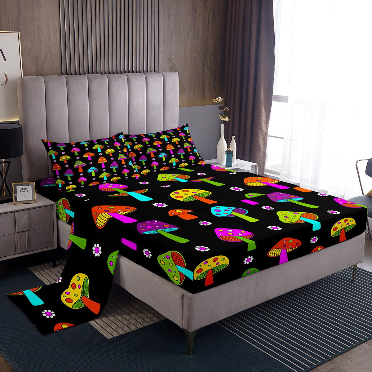 Rainbow Mushroom King Sheets Pink Cherry Blossoms Bed Set, Colorful ...