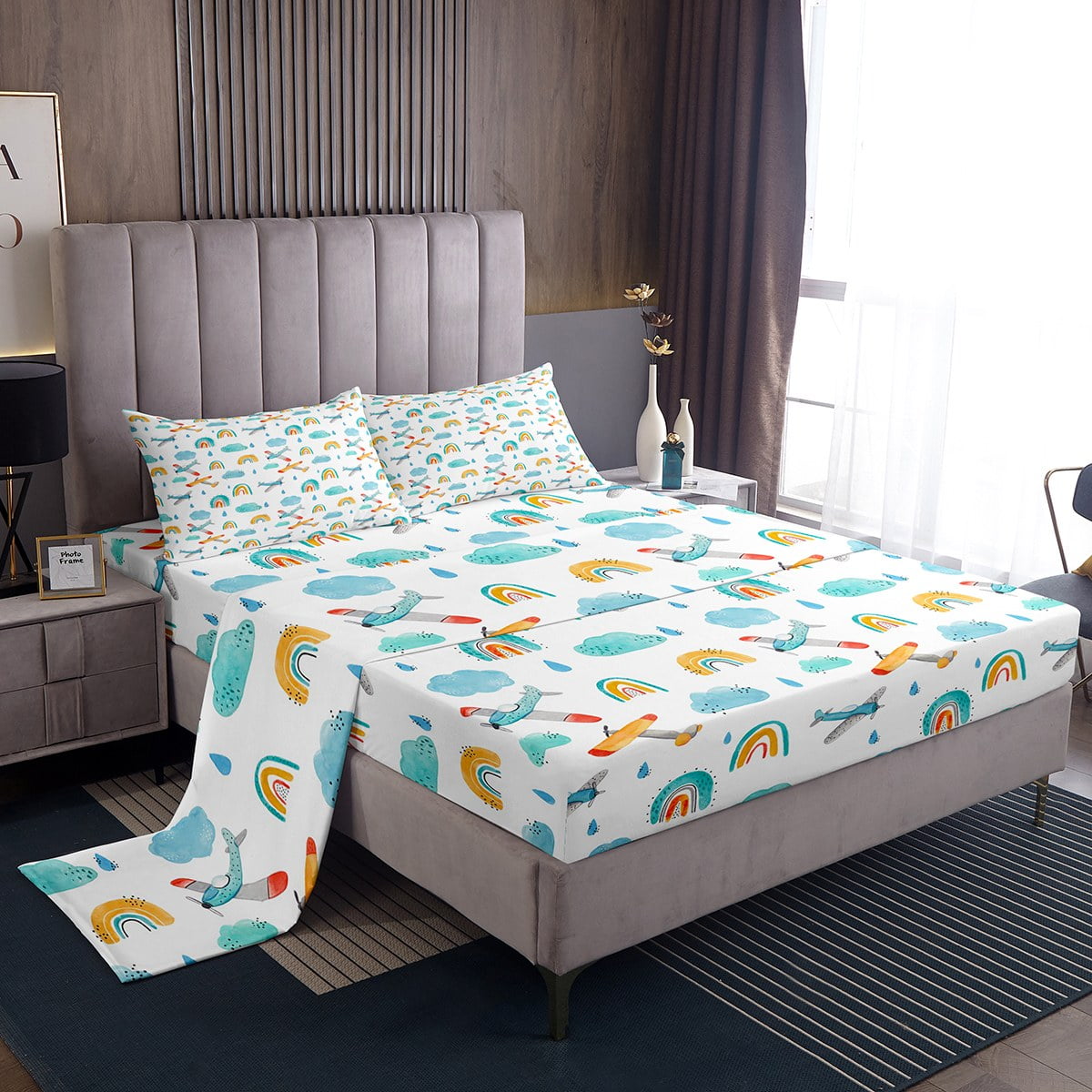 Erosebridal Rainbow Plane Bed Sheets Set Watercolor Rainbow King Size ...