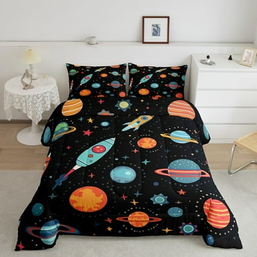 Golden Linens Multicolor Navy Blue Solar System Space Ships & Rockets ...