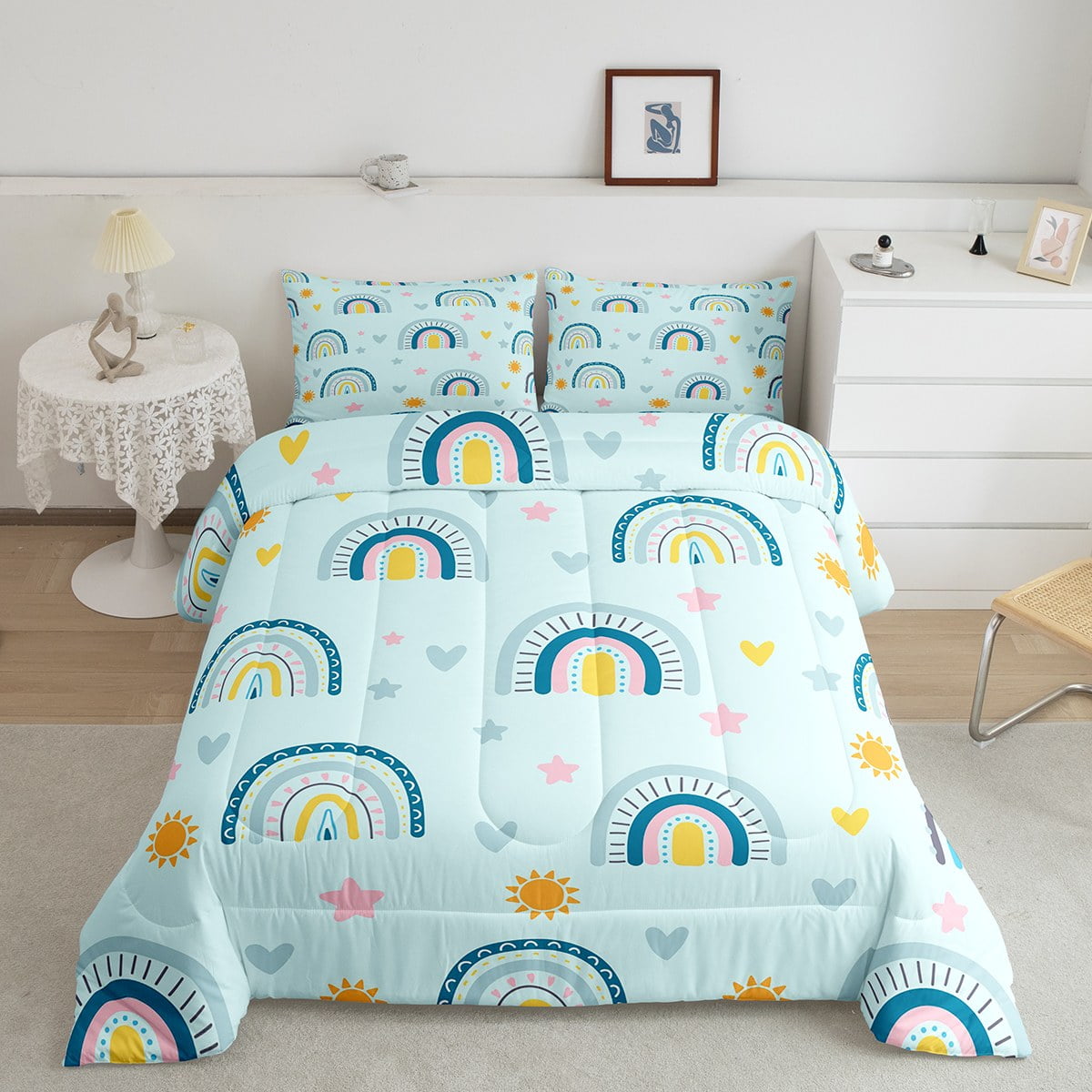 YST Rainbow Queen Comforter Set For Girls, Cartoon Sun And Stars ...