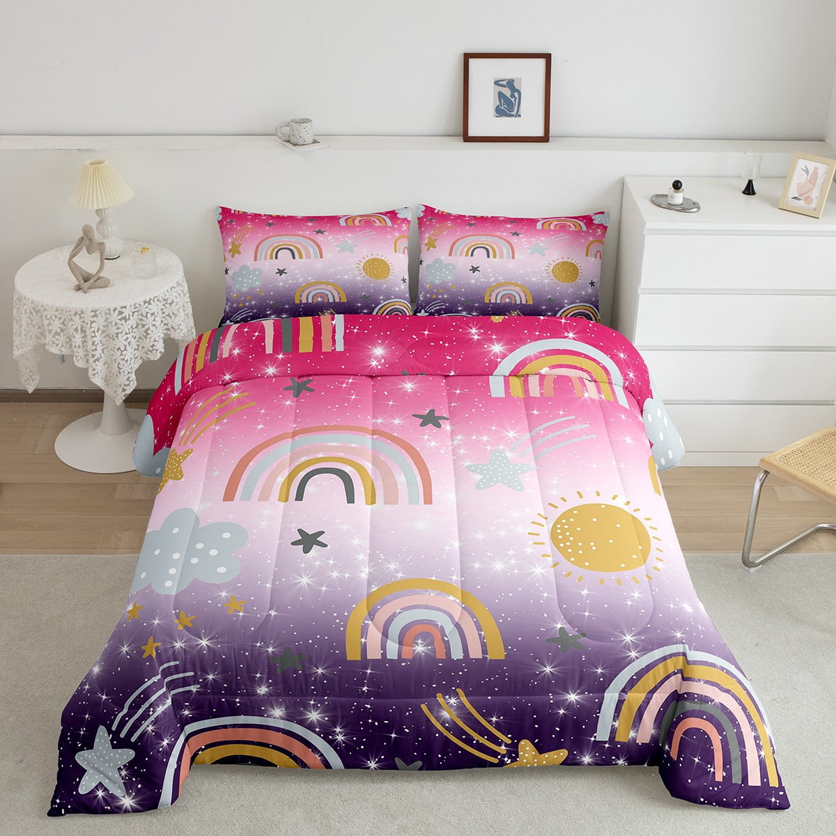 YST Rainbow Queen Comforter Set For Kids,Cartoon Sun Stars Cloud ...
