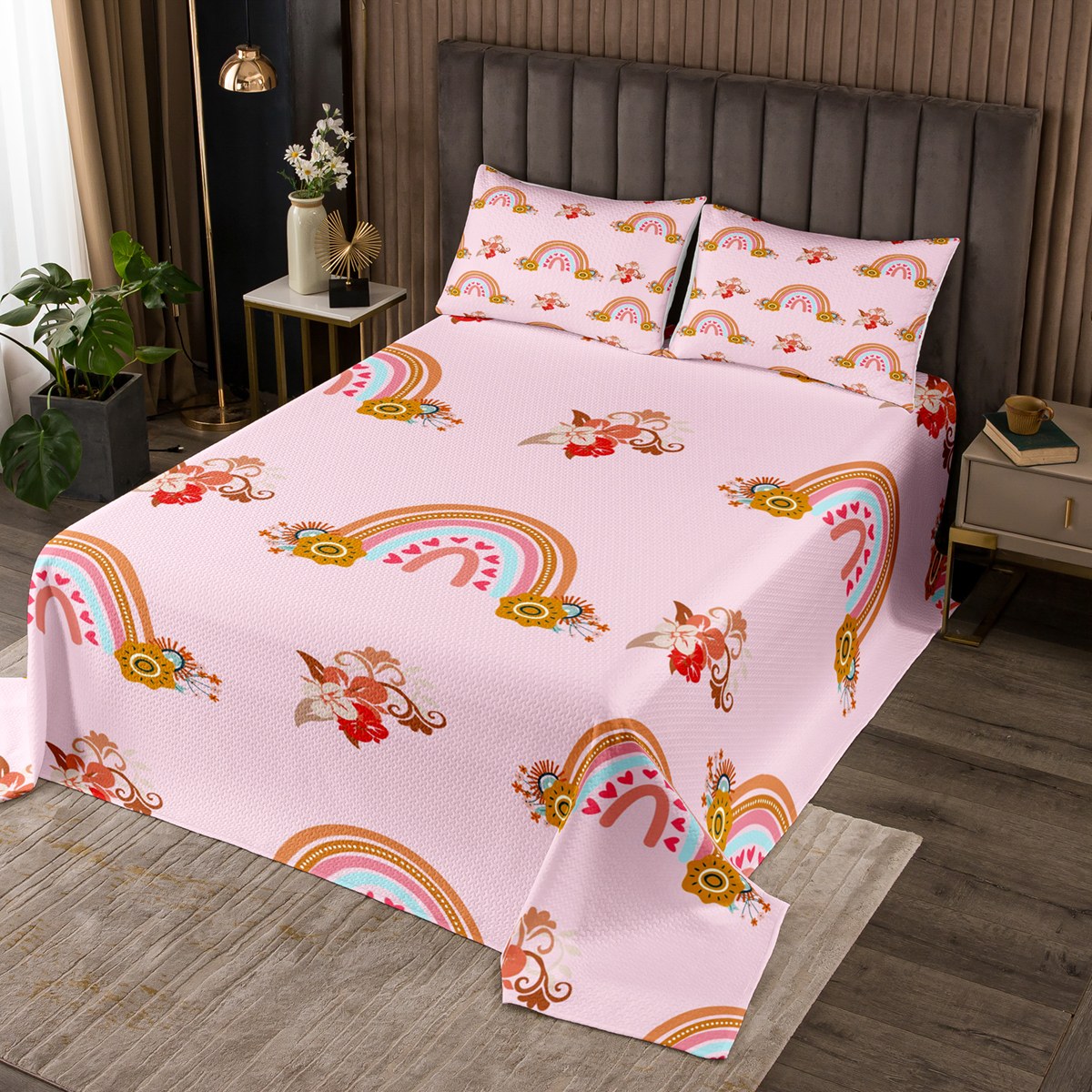 Erosebridal Rainbow Queen Quilt Set, Iridescent Boho Flower Coverlet ...