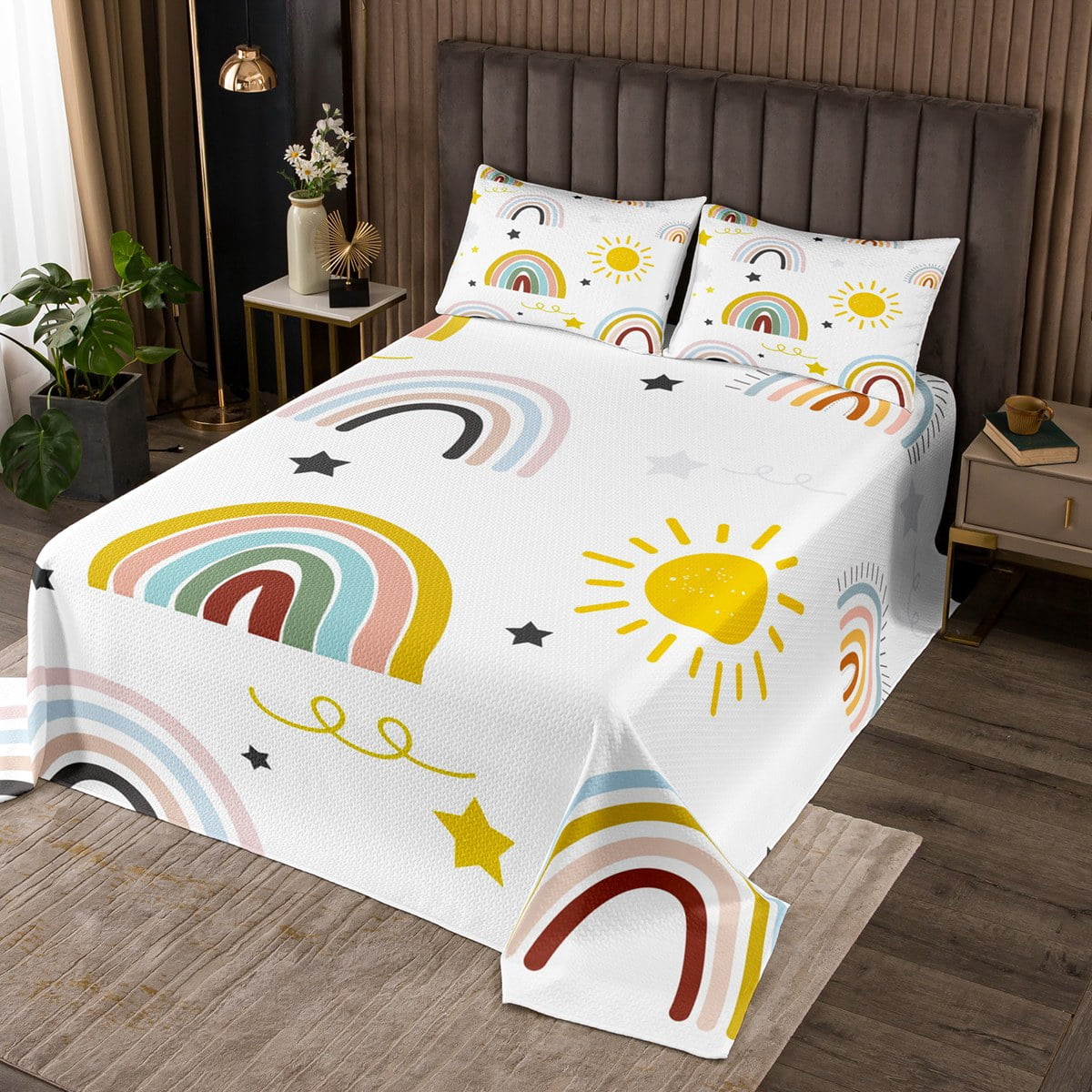Erosebridal Rainbow Queen Quilt Set, Sun And Stars Coverlet Set Cartoon ...