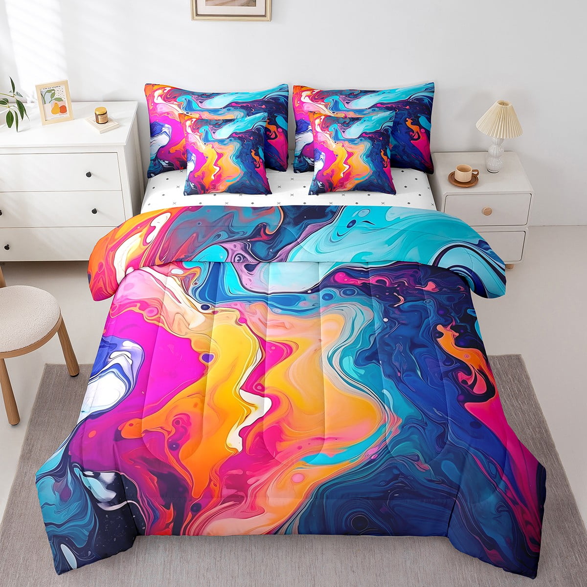 Erosebridal Rainbow Watercolor King Comforter Set 7 Piece Oil Painting ...