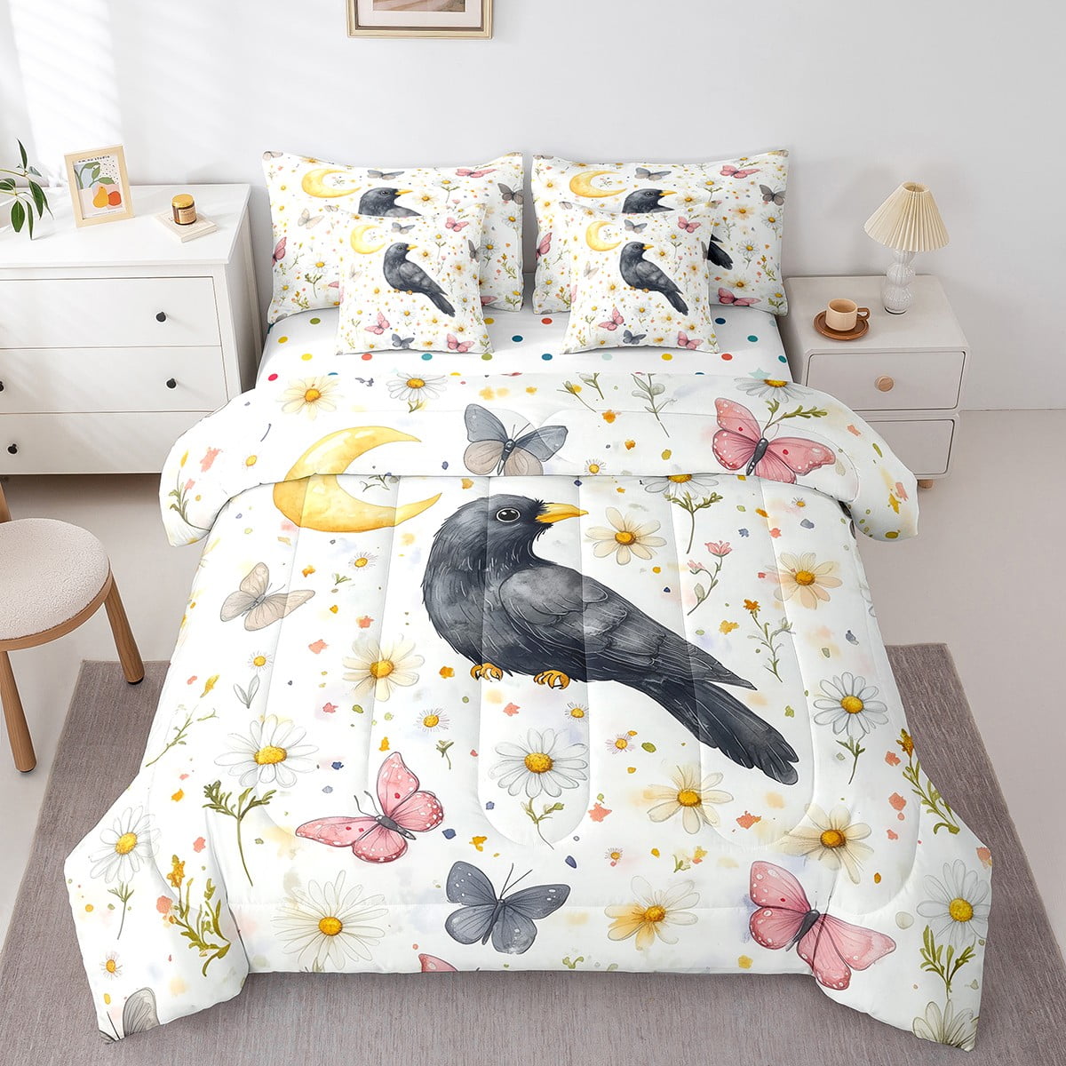 YST Raven 7 Piece Queen Bed Set - Includes Halloween Crow Comforter ...