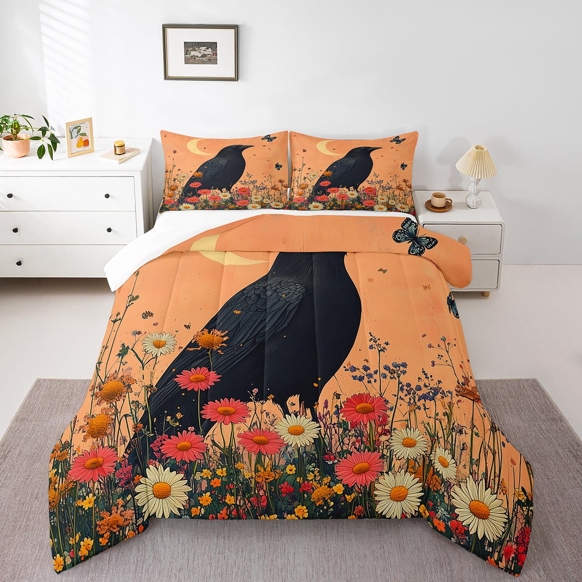 Raven Comforter Set Queen Size, Black Crow Bird Bedding Set Teens ...
