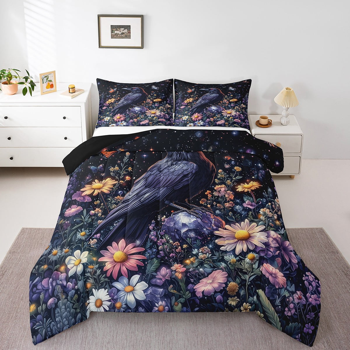 Raven Queen Comforter Set, Crow Black Bird Bedding Set With 2 Pillow ...