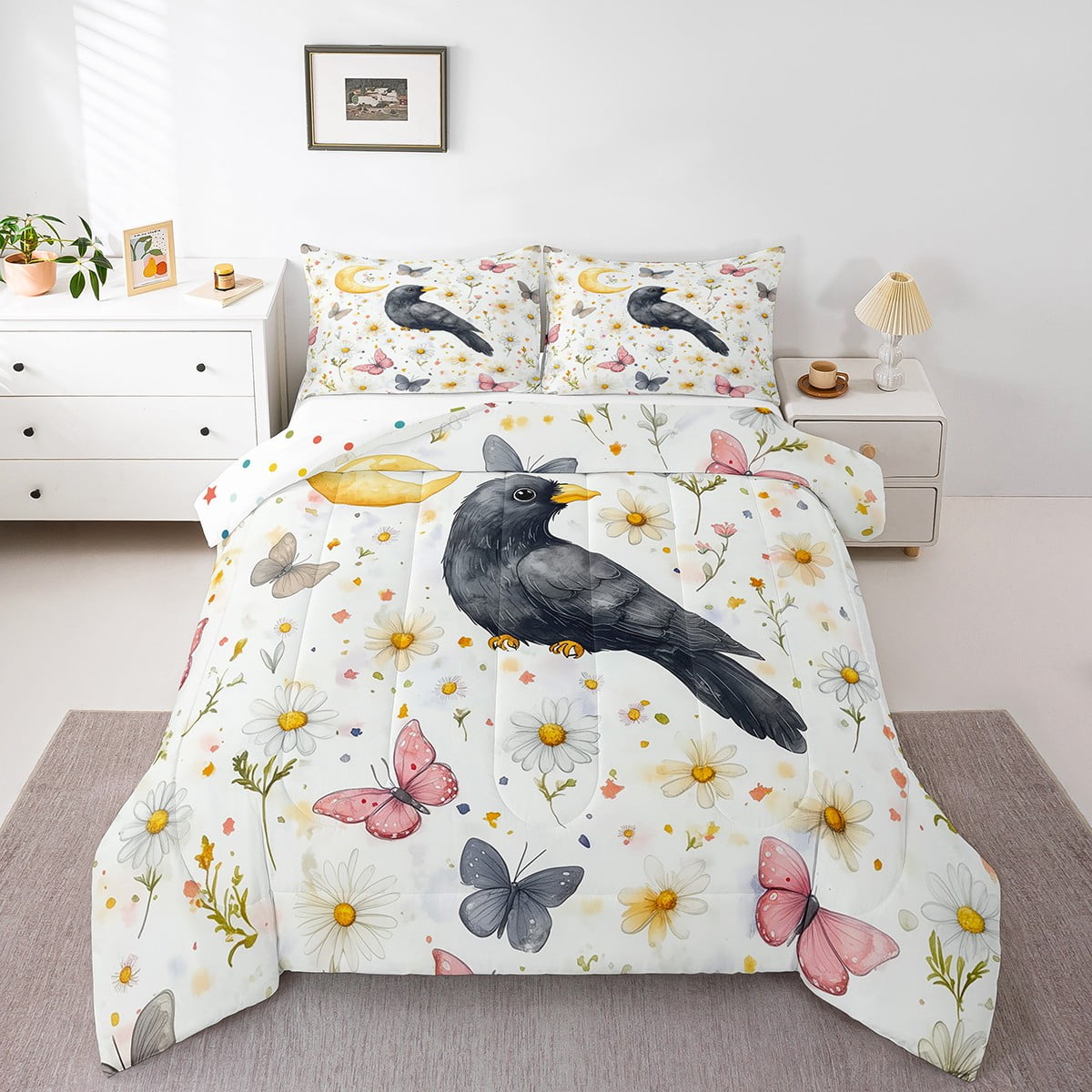 Raven Bedding Set , Halloween Crow Comforter Set Country Daisy Flower ...