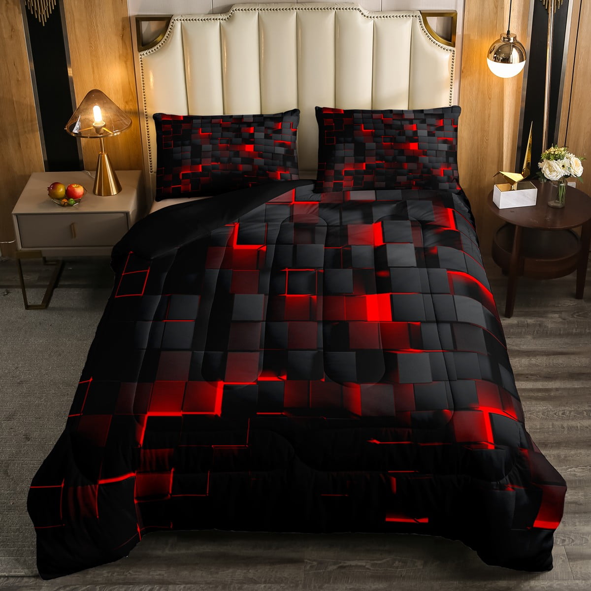 YST Red And Black Boys Comforter Set Twin Size Neon Geometric Checkered ...