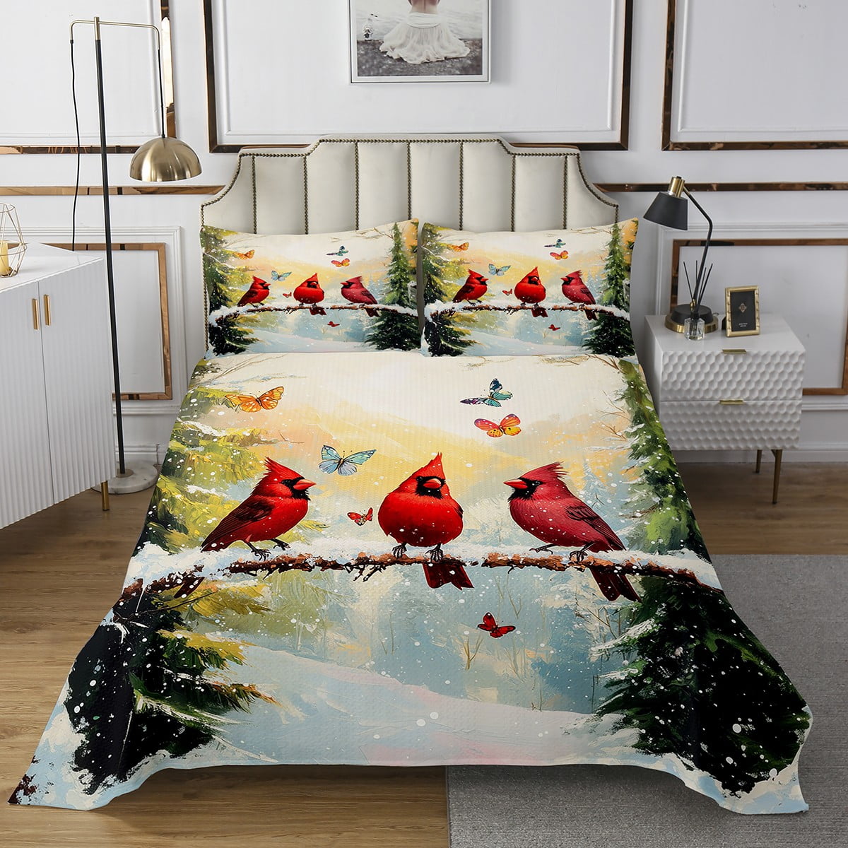 YST Red Bird Cardinal Queen Quilt Bedding Set,Winter Snow Bedspread ...