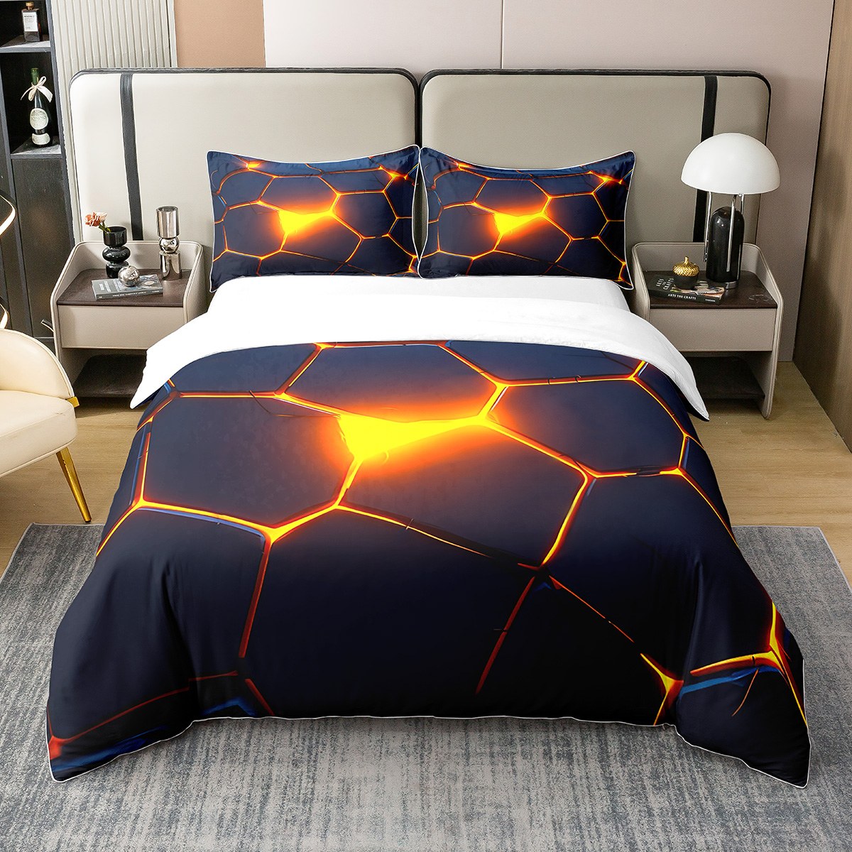 YST Red Black Fire Hexagonal 100% Natural Cotton Duvet Cover King ...