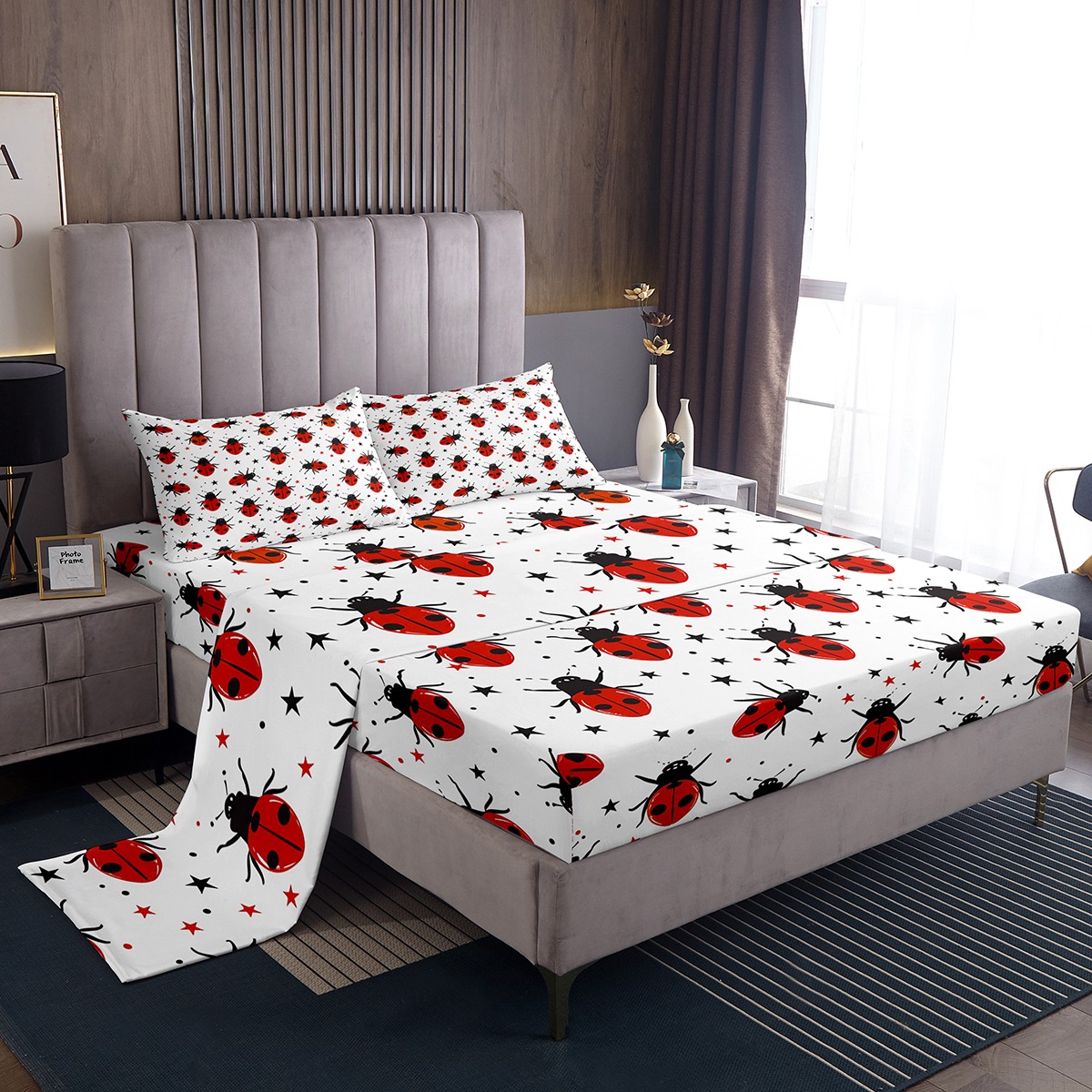 Red and Black Ladybug Queen Bed Sheets Set,Cartoon Reptile Ladybug ...