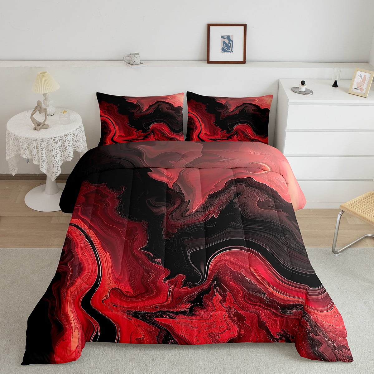 Red Black Marble Twin Comforter Set Modern Abstract Art Bedding Set ...